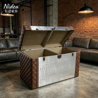 China Luxury Aviation Aluminum Storage Trunk with Quilted Leather Sides Industrial Style Lift-Top Coffee Table Vintage Chest for sale