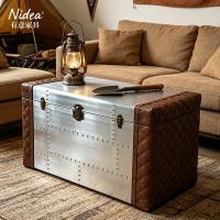 China Luxury Aviation Aluminum Storage Trunk with Quilted Leather Sides Industrial Style Lift-Top Coffee Table Vintage Chest for sale
