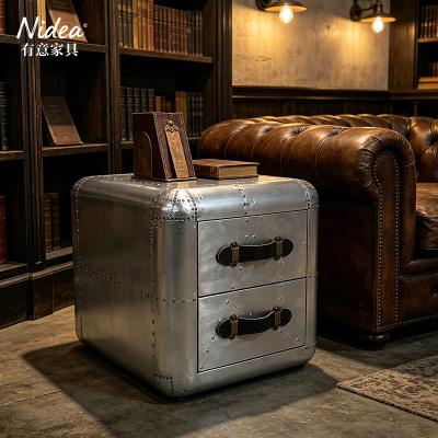 China Industrial Aviator Aluminum Nightstand 2-Drawer Storage Cabinet Metal Riveted Side Table Modern Retro Bedroom Furniture for sale