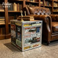 China Vintage License Plate Print 2-Drawer Nightstand Industrial Riveted Metal Edge End Table Retro Storage Cabinet Villa Living Room for sale