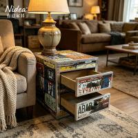 China Vintage License Plate Print 2-Drawer Nightstand Industrial Riveted Metal Edge End Table Retro Storage Cabinet Villa Living Room for sale