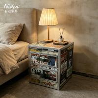 China Vintage License Plate Print 2-Drawer Nightstand Industrial Riveted Metal Edge End Table Retro Storage Cabinet Villa Living Room for sale