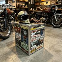 China Vintage License Plate Print 2-Drawer Nightstand Industrial Riveted Metal Edge End Table Retro Storage Cabinet Villa Living Room for sale