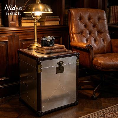 China Industrial Aviator Handmade Aluminum Square End Table Vintage Leather Trim Lift-Top Storage Trunk Side Home Furniture for sale