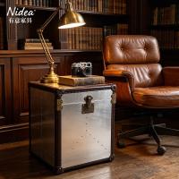 China Industrial Aviator Handmade Aluminum Square End Table Vintage Leather Trim Lift-Top Storage Trunk Side Home Furniture for sale
