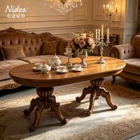 China Solid Wood Oval Coffee Table Dual Pedestal Center Table with 2 Leg Options Modern Baluster or Carved Large Living Room Table for sale