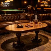 China Solid Wood Oval Coffee Table Dual Pedestal Center Table with 2 Leg Options Modern Baluster or Carved Large Living Room Table for sale
