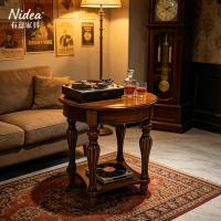 China Traditional Solid Wood Round End Table 2-Tier Vintage Side Table with Carved Fluted Legs Classic Living Room Sofa Table for sale
