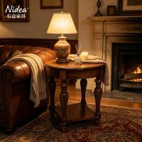China Traditional Solid Wood Round End Table 2-Tier Vintage Side Table with Carved Fluted Legs Classic Living Room Sofa Table for sale