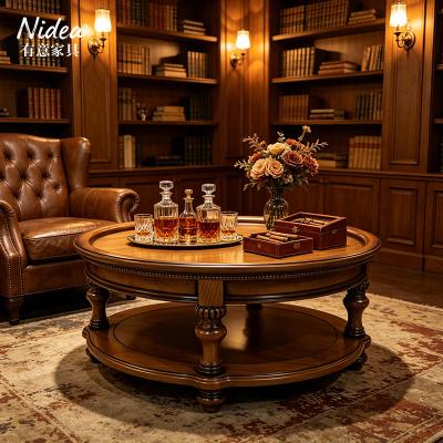 China Traditional Solid Wood Round Coffee Table Classic 2-Tier Center Table with Tray Top & Carved Legs Vintage Living Room Furniture for sale