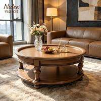 China Traditional Solid Wood Round Coffee Table Classic 2-Tier Center Table with Tray Top & Carved Legs Vintage Living Room Furniture for sale