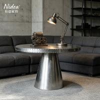 China Modern Industrial Aviator Aluminum Coffee Table Round Riveted Metal Center Table Industrial Conical Pedestal Accent Table for sale