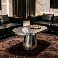 China Modern Industrial Aviator Aluminum Coffee Table Round Riveted Metal Center Table Industrial Conical Pedestal Accent Table for sale