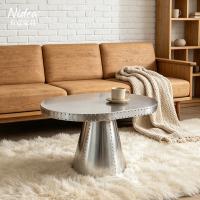 China Modern Industrial Aviator Aluminum Coffee Table Round Riveted Metal Center Table Industrial Conical Pedestal Accent Table for sale