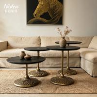 China Nidea Modern Luxury Round Accent Table Solid Wood Top with Hammered Brass Base Nesting Coffee Side Tables Club Bar for sale
