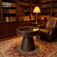 China Luxury Monogram Leather Round Side Table Vintage Nailhead Accent End Table with Glass Top Designer Style Pedestal Coffee Table for sale