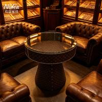 China Luxury Monogram Leather Round Side Table Vintage Nailhead Accent End Table with Glass Top Designer Style Pedestal Coffee Table for sale