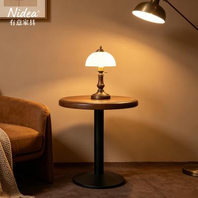 China Minimalist Round Side Table Solid Wood Top Bistro Table with Weighted Metal Pedestal Base Compact Cafe Dining Table for Home for sale