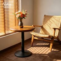 China Minimalist Round Side Table Solid Wood Top Bistro Table with Weighted Metal Pedestal Base Compact Cafe Dining Table for Home for sale