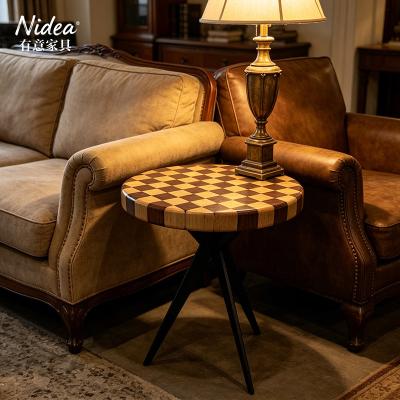 China Modern Solid Wood Checkerboard Side Table Minimalist Round Accent Table Small Coffee Table with Metal Legs for Living Room for sale