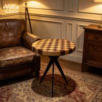 China Modern Solid Wood Checkerboard Side Table Minimalist Round Accent Table Small Coffee Table with Metal Legs for Living Room for sale