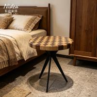 China Modern Solid Wood Checkerboard Side Table Minimalist Round Accent Table Small Coffee Table with Metal Legs for Living Room for sale