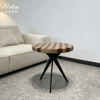 China Modern Solid Wood Checkerboard Side Table Minimalist Round Accent Table Small Coffee Table with Metal Legs for Living Room for sale