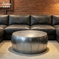 China Industrial Aviator Aluminum Coffee Table Round Riveted Metal Drum Center Table Modern Luxury Statement Piece for Living Room for sale