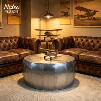 China Industrial Aviator Aluminum Coffee Table Round Riveted Metal Drum Center Table Modern Luxury Statement Piece for Living Room for sale