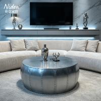 China Industrial Aviator Aluminum Coffee Table Round Riveted Metal Drum Center Table Modern Luxury Statement Piece for Living Room for sale