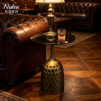 China Luxury Round Accent Side Table Faux Stone or Glass Top with Hammered Metal Base Decorative Bedside Coffee Table for Living Room for sale