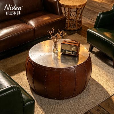 China Industrial Aviator Aluminum Coffee Table Round Leather Upholstered Drum Center Table Riveted Metal Top Retro Living Room for sale