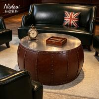 China Industrial Aviator Aluminum Coffee Table Round Leather Upholstered Drum Center Table Riveted Metal Top Retro Living Room for sale