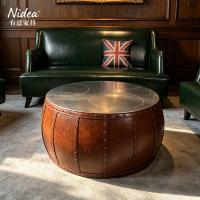 China Industrial Aviator Aluminum Coffee Table Round Leather Upholstered Drum Center Table Riveted Metal Top Retro Living Room for sale