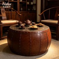 China Industrial Aviator Aluminum Coffee Table Round Leather Upholstered Drum Center Table Riveted Metal Top Retro Living Room for sale