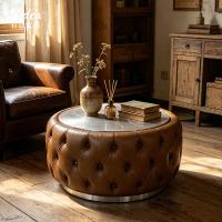 China Industrial Aviator Aluminum Coffee Table Round Button-Tufted Leather Center Table Riveted Metal Top Luxury Living Room Furniture for sale