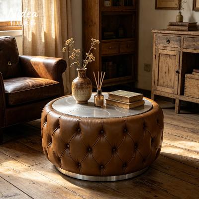 China Industrial Aviator Aluminum Coffee Table Round Button-Tufted Leather Center Table Riveted Metal Top Luxury Living Room Furniture for sale