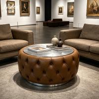 China Industrial Aviator Aluminum Coffee Table Round Button-Tufted Leather Center Table Riveted Metal Top Luxury Living Room Furniture for sale