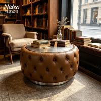 China Industrial Aviator Aluminum Coffee Table Round Button-Tufted Leather Center Table Riveted Metal Top Luxury Living Room Furniture for sale