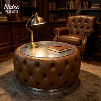 China Industrial Aviator Aluminum Coffee Table Round Button-Tufted Leather Center Table Riveted Metal Top Luxury Living Room Furniture for sale