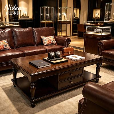 China Traditional Solid Wood Rectangular Coffee Table Storage Drawers Open Shelf American Classic Antique Design Living Room Furniture for sale