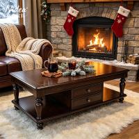 China Traditional Solid Wood Rectangular Coffee Table Storage Drawers Open Shelf American Classic Antique Design Living Room Furniture for sale