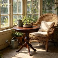 China Classic Solid Wood Round End Table Traditional Pedestal Side Table Vintage Coffee Table with Sunburst Veneer Club Living Room for sale
