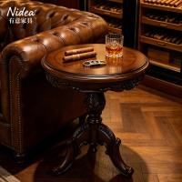 China European Classic Antique Carved Solid Wood Round End Table Tripod Pedestal Side Table with Veneer Top Club Bar Living Room for sale
