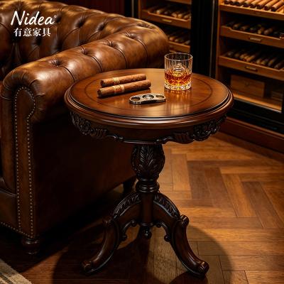 China European Classic Antique Carved Solid Wood Round End Table Tripod Pedestal Side Table with Veneer Top Club Bar Living Room for sale