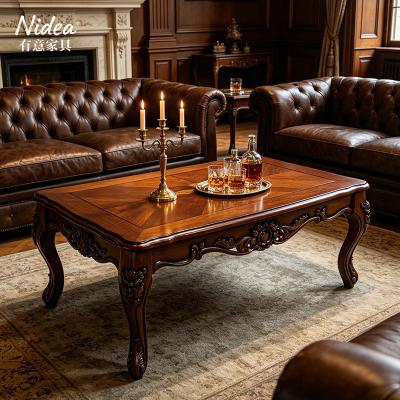China Classic European Solid Wood Carved Coffee Table Antique Cabriole Leg Center Table with Starburst Veneer Top Club Bar Living Room for sale