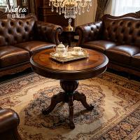 China American Classic Solid Wood Round End Table Antique Carved Pedestal Coffee Table with Sunburst Veneer Top Living Room Club Bar for sale