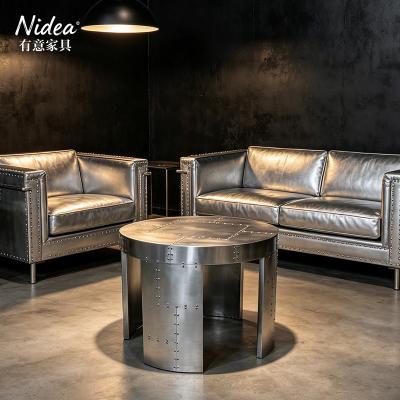 China Industrial Aviator Aluminum Coffee Table & End Table Set Riveted Metal Drum Accent Tables Living Room Furniture Handmade Durable for sale