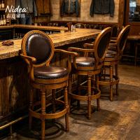 China Luxury Solid Wood Swivel Bar Stool Classic Round Back Leather Counter Chair Traditional Vintage High Stool for Home Bar for sale