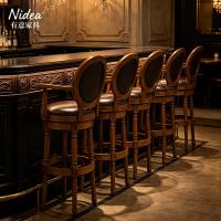 China Luxury Solid Wood Swivel Bar Stool Classic Round Back Leather Counter Chair Traditional Vintage High Stool for Home Bar for sale